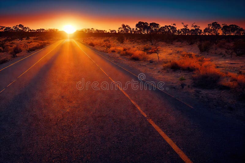 Last Sunset Rays Illuminating Empty Road Beyond Horizont Stock ...