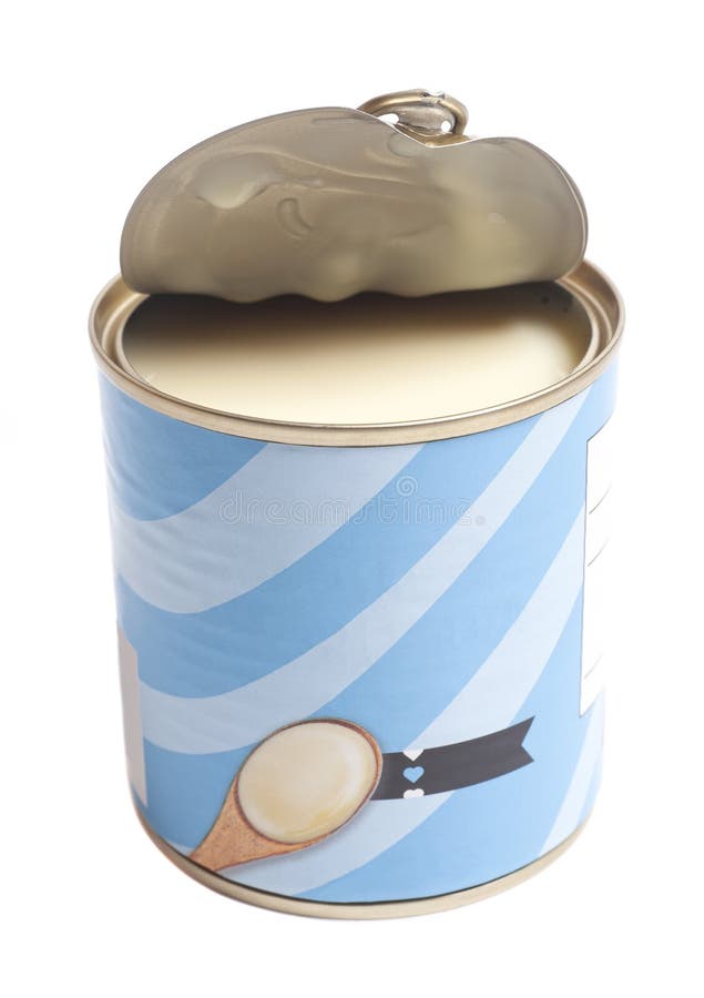 Lata De Leche Condensada Abierta Aislada En Blanco Foto de archivo ...