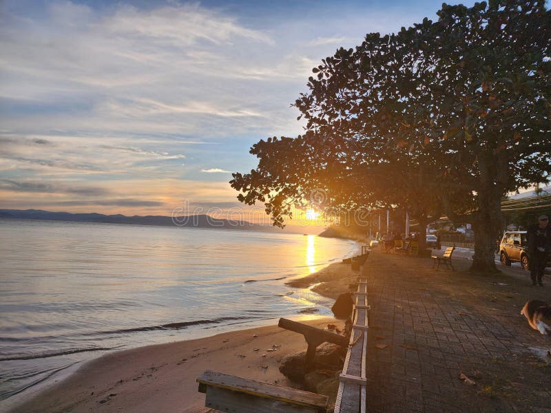 Late Afternoon on a Calm Beach with the Sun Setting, Reflecting on the ...