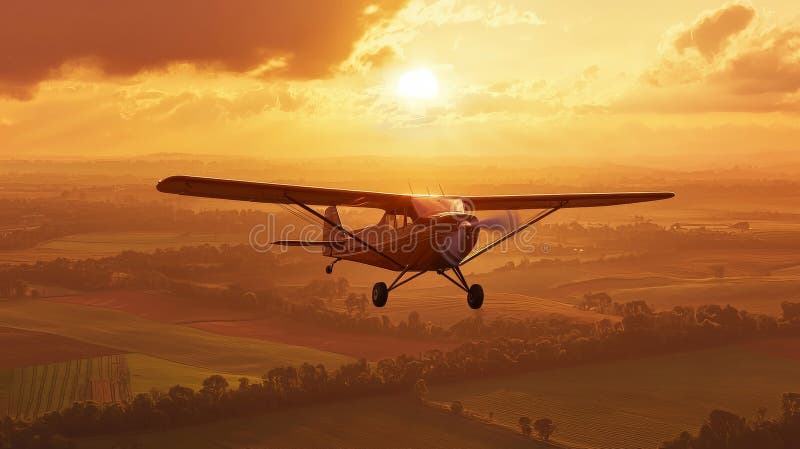 In the Late Afternoon, a Small Plane Flies Over Fields and Valleys with ...