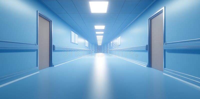 Late in the Evening, a Long, Deserted Hospital Corridor is Illuminated ...