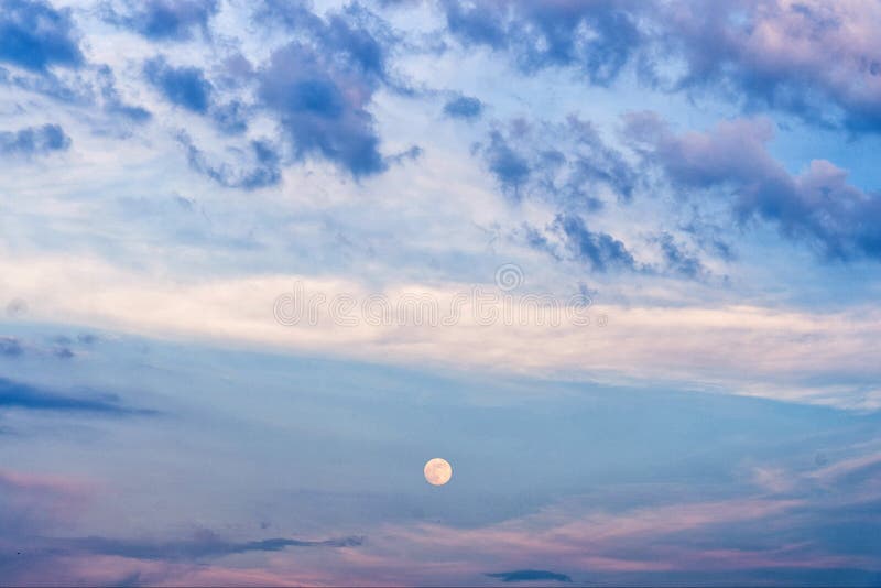 Late Evening Sky with Full Moon and Purple Clouds. Stock Image - Image of blue, view: 123225369