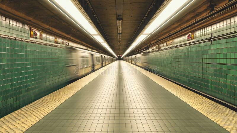 Late Evening in a Subway Corridor with Green Tiled Walls, Empty ...