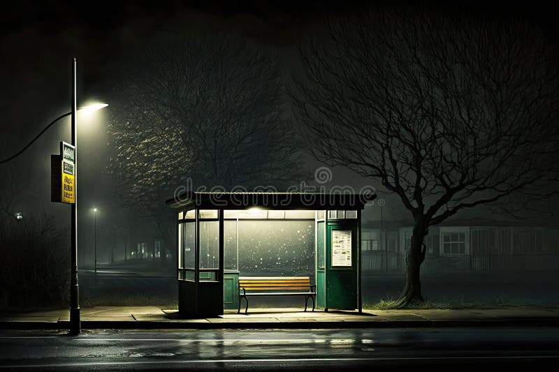 A Late-night Bus Stop, with a Single Bench and Dim Street Lamp Stock ...