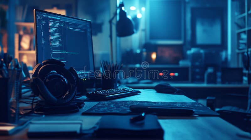 Late Night Coder Working on Project at Desk Stock Illustration ...