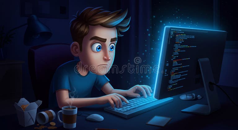 Late Night Coding Adventure in a Glowing Screen a Focused Young ...