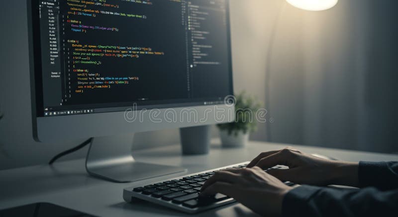 Late-night Coding Session with Hands Typing on a Computer Keyboard. a Desktop Stock Illustration ...