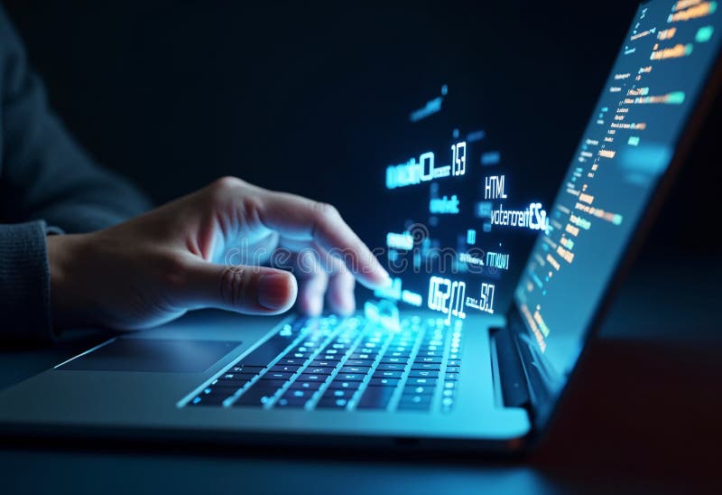 Late Night Coding Session Illuminates the Keyboard with Lines of ...