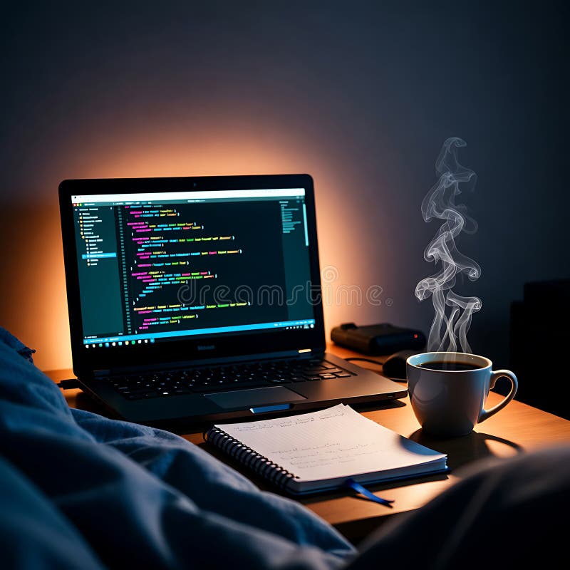 Late Night Coding Session with Laptop, Software Code, and Steaming Coffee Stock Illustration ...