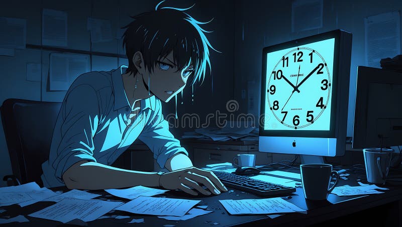Late Night Grind: Anime Boy Working Under Pressure Stock Illustration ...