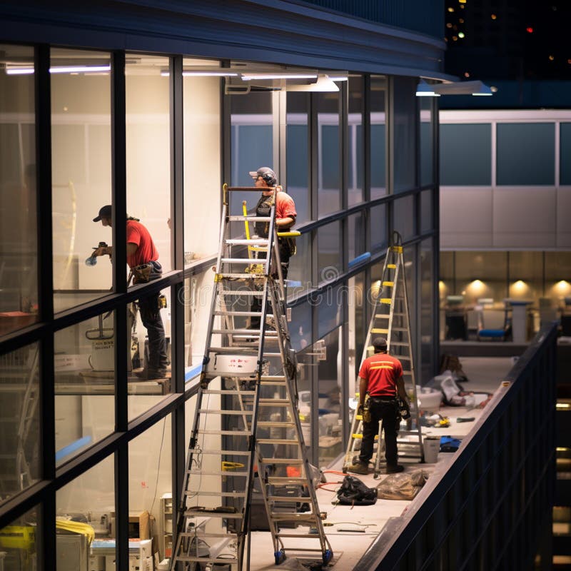 Late-Night Maintenance Crew at a Glass Skyscraper Stock Illustration ...