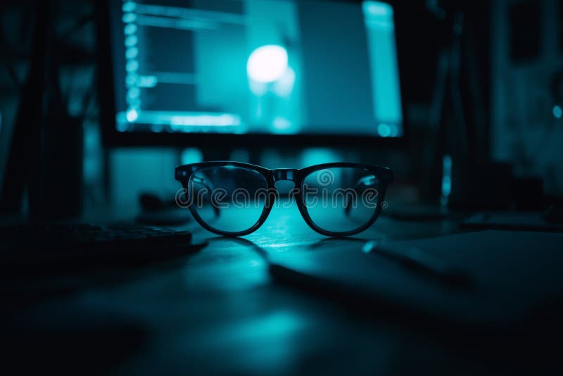 Late-night Remote Work View with Glasses on a Desk and a Glowing ...