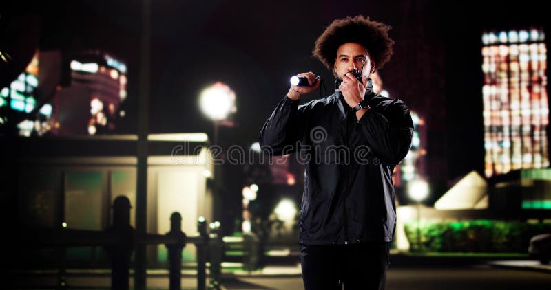 Late Night Security Guard Patrolling the Building Perimeter Stock Photo ...