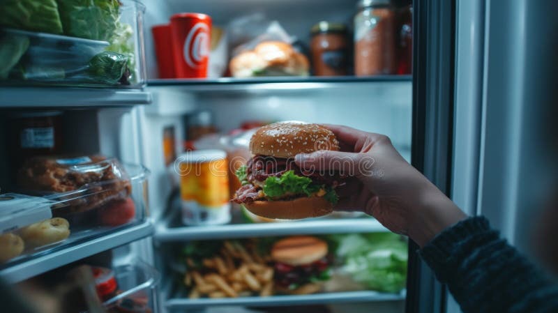 Late-night Snack with a Juicy Burger in Front of an Open Refrigerator ...