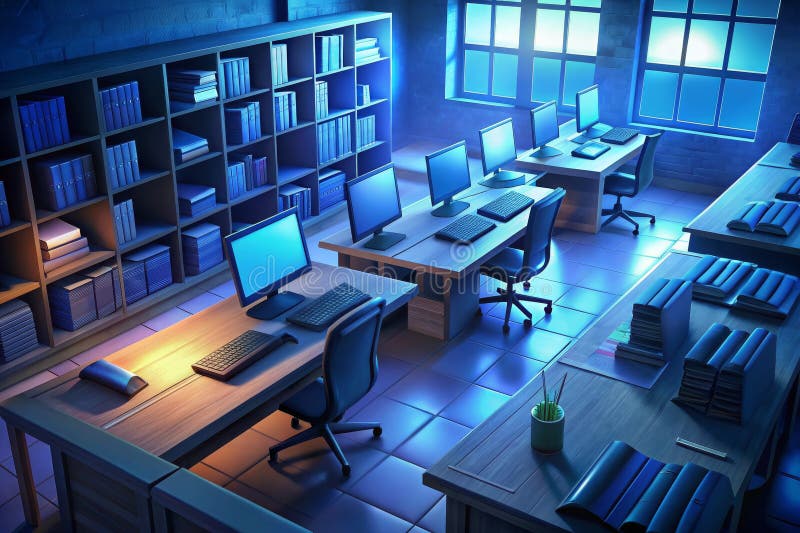 Late Night Study Session in a Blue-lit Library Stock Photo - Image of ...