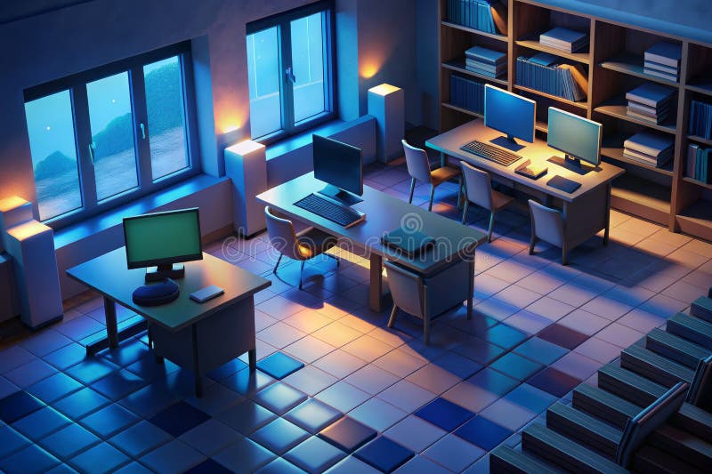 Late Night Study Session in a Blue-lit Library Stock Image - Image of ...