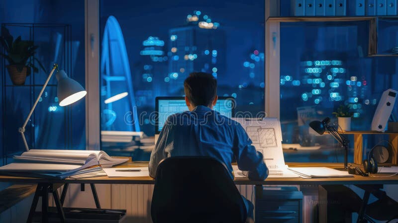 Late-night Work Scene with an Architect Surrounded Stock Illustration ...