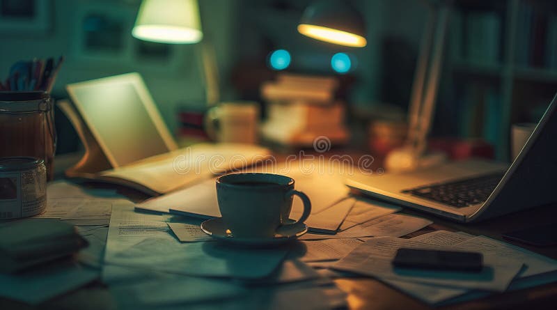 Late Night Workspace Cluttered with Papers and Coffee Under Soft ...
