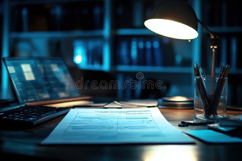 Late Night Workspace in a Cozy Study with a Glowing Table Lamp and ...
