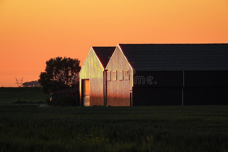 Barns Illuminated by the Red Light of the Setting Sun Stock Image ...