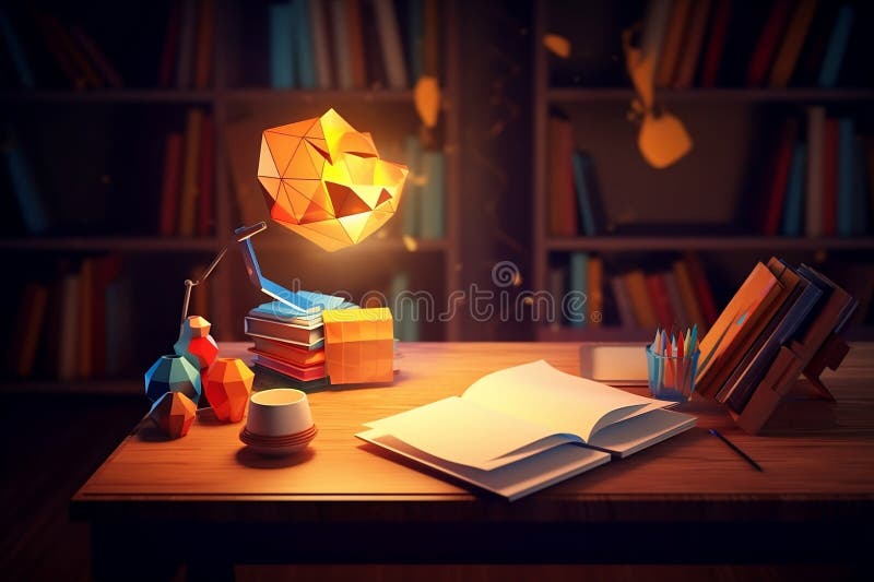 Late Study at Night with Desk Lamp and Open Book 3d Low Poly Graphic ...
