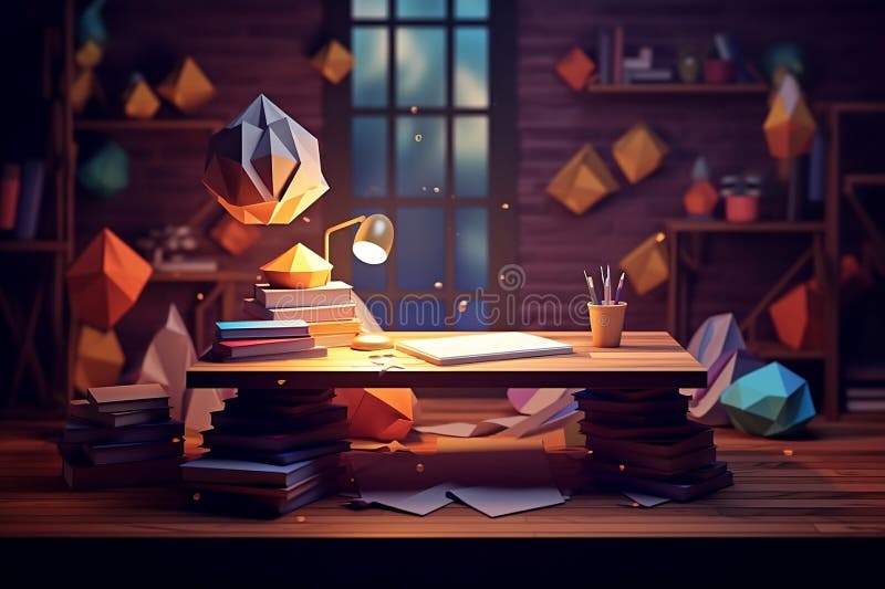 Late Study at Night with Desk Lamp and Open Book 3d Low Poly Graphic ...