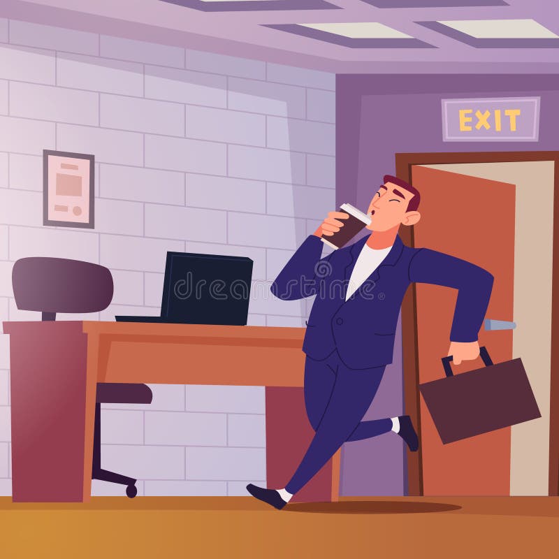 Late on Work. Businessman with Cup of Tea Run in Office Stock Vector ...