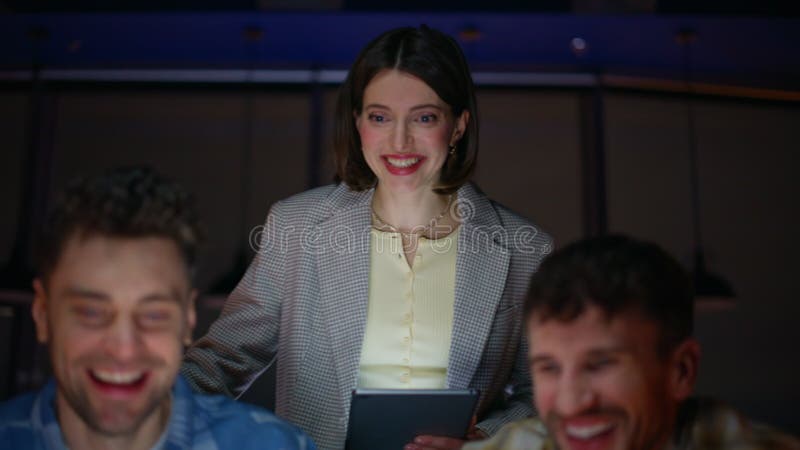 Late Workers Virtual Meeting Talking Together at Evening Light ...