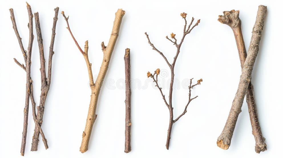 A Lateral View of Multiple Piles of Twigs on a White Surface. Stock ...