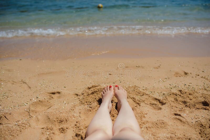View of Woman`s Legs on the Beach Stock Image - Image of vacation, nail ...