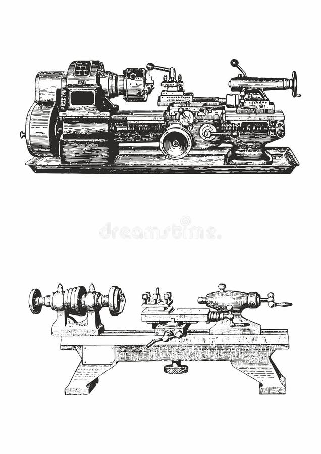 Lathe, Front View. Lathe Rig, Vintage Line Drawing or Engraving ...
