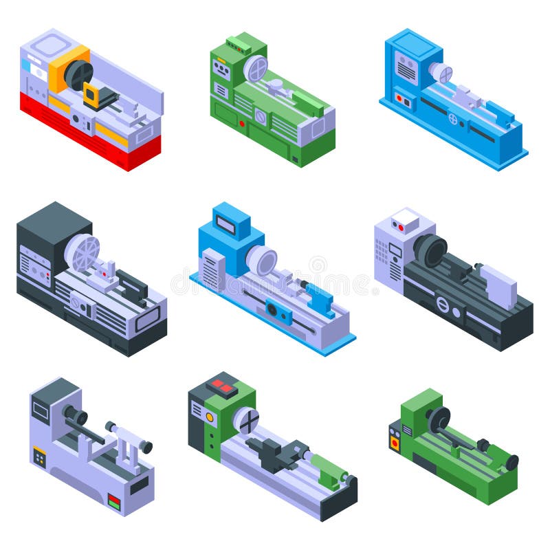 Lathe Icons Set Vector Flat Stock Vector - Illustration of drilling ...