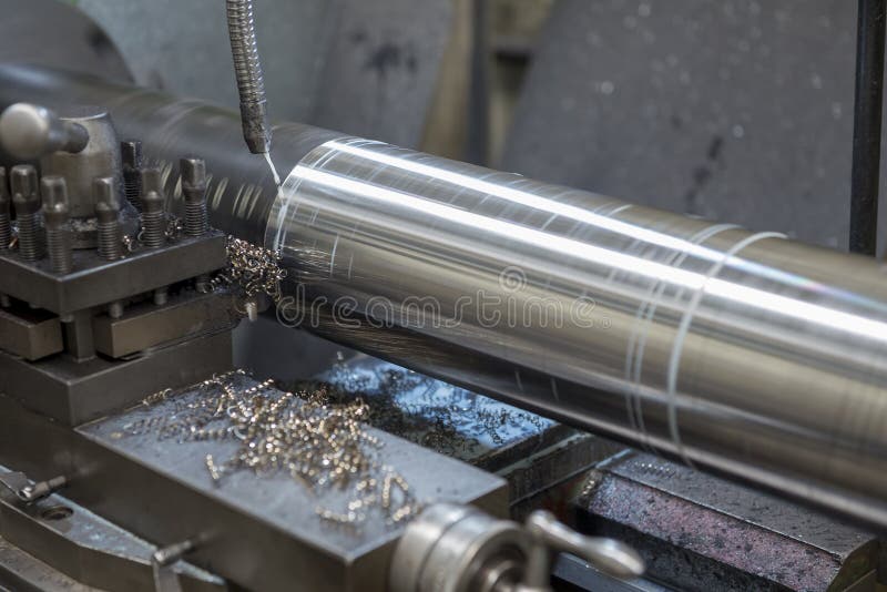 The Lathe Machine Cutting the Steel Rod in the Light Blue Scene Stock ...