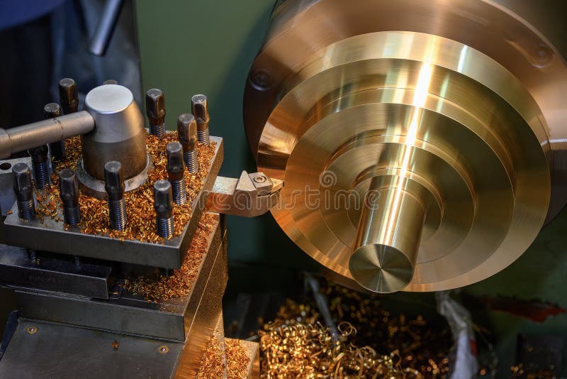 The Lathe Machine Finish Cut the Brass Material Parts by Lathe Tools ...