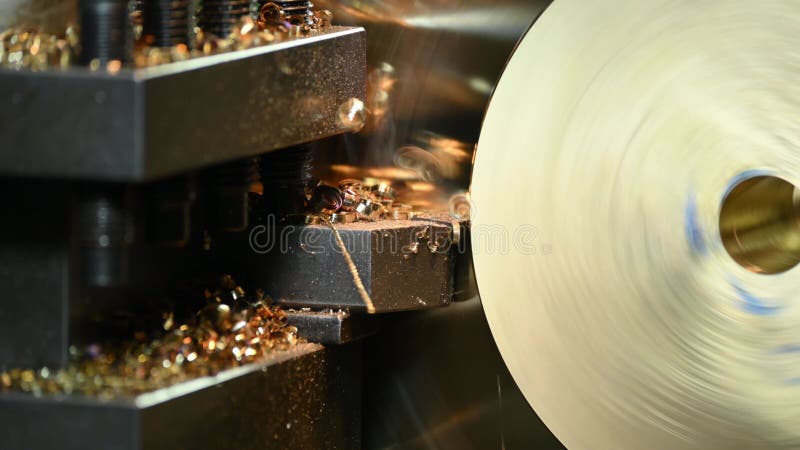 The Lathe Machine Finish Cut the Brass Parts by Lathe Tools Stock ...