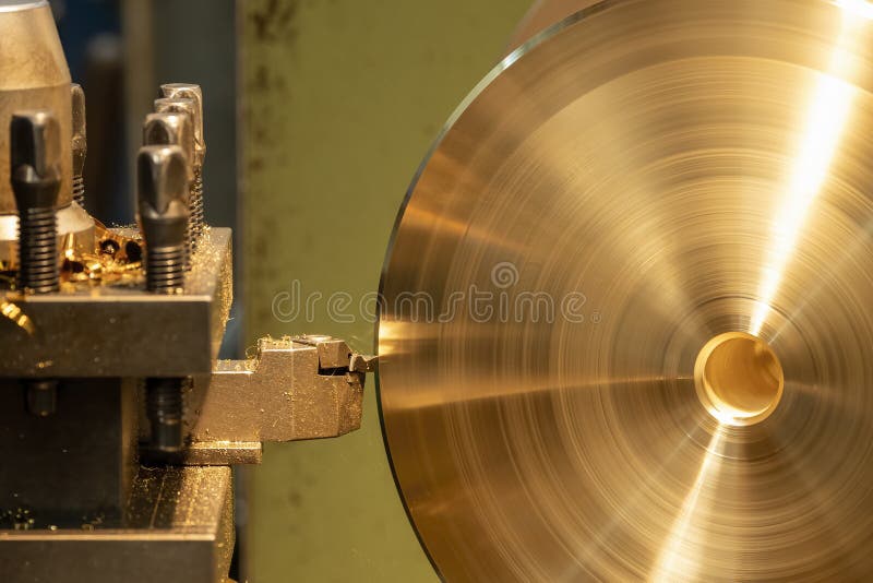 The Lathe Machine Finish Cut the Metal Disk Parts by Lathe Tools Stock ...