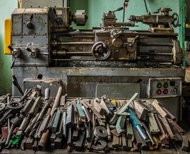 Lathe Machine in Ironworks Old Factory with Tools Stock Photo - Image ...