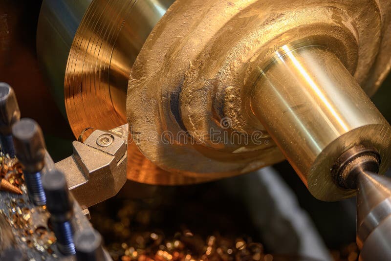 The Lathe Machine Rough Cut the Brass Material Parts Stock Image ...