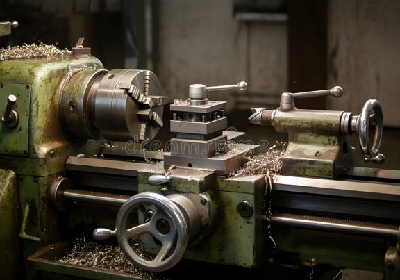 Lathe Machine in a Workshop, Composed of Metallic Green Body and ...