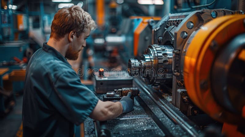 A Lathe Operator Working on a Lathe in a Workshop at a Factory. a Man ...