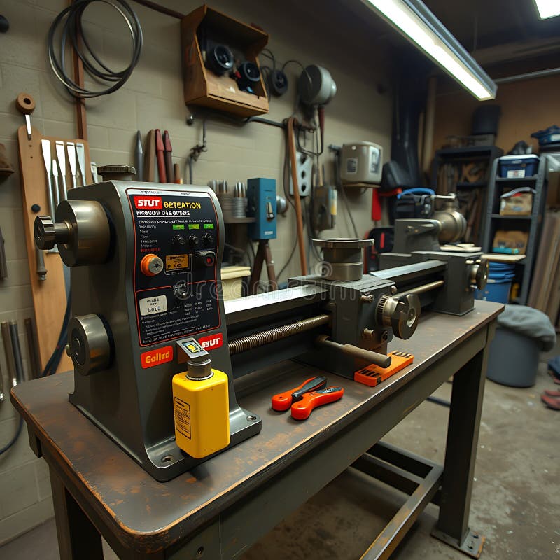 Lathe Tools and Safety Equipment on a Workshop Bench Wide Angle View ...