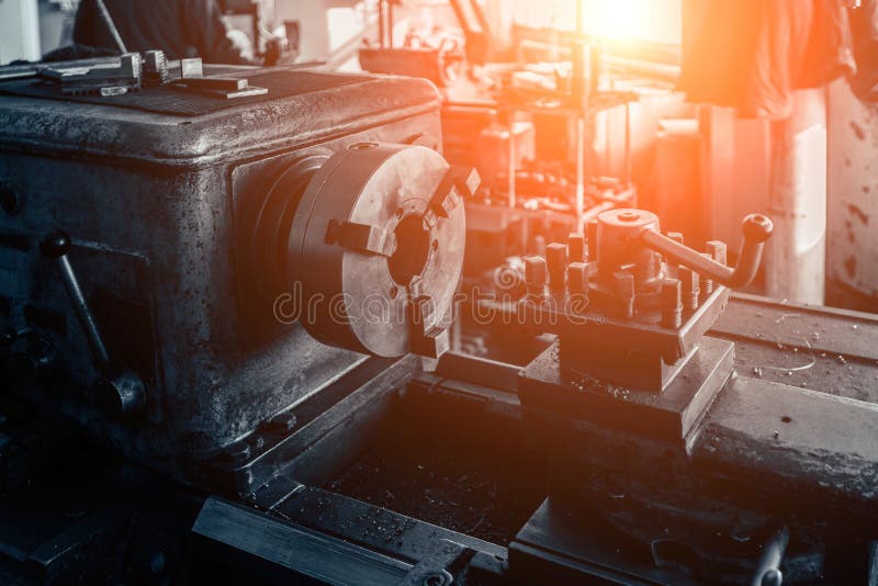 Lathe in the Workshop, Close Up View Stock Photo - Image of working ...