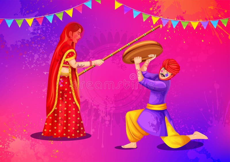 Happy Holi Indian Festival. Women Beat Men with Bamboo Stick Lath Mar ...