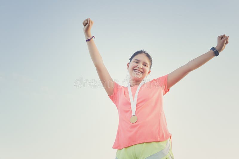 Latin American Girl Winning a Race Stock Photo - Image of cheering ...