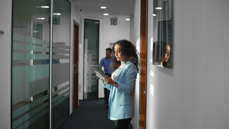 Latin Employee Working Tablet Corridor Closeup. Cheerful Man Say Hello ...