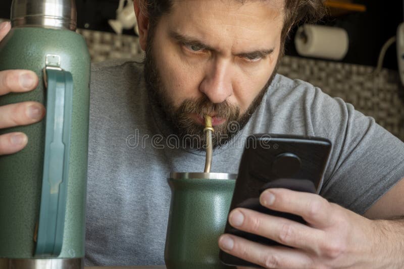 Latin Man Drinking Mate in the Kitchen Stock Image - Image of male ...