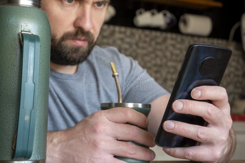 Latin Man Drinking Mate in the Kitchen Stock Photo - Image of drink ...