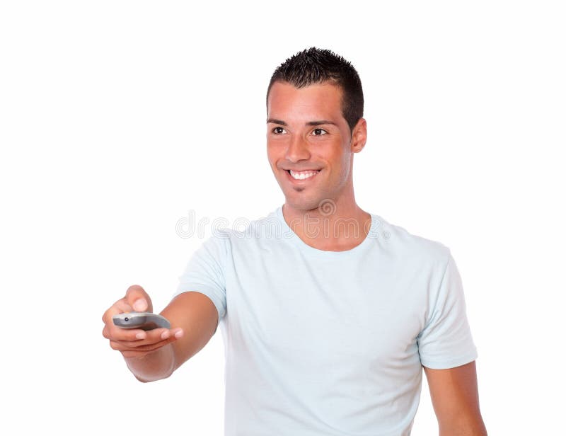 Latin Man Pointing with Remote Control Stock Image - Image of white ...