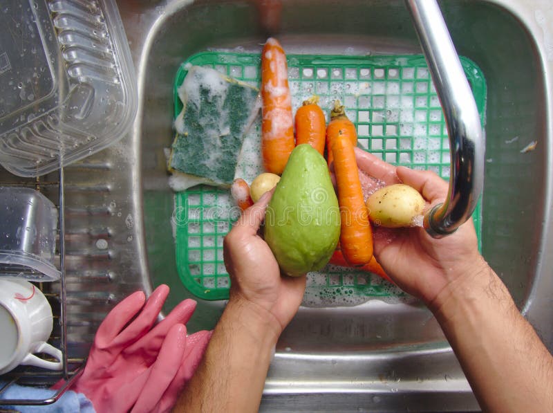 Latin Man Rinse Vegetables with Fresh Water Stock Photo - Image of ...