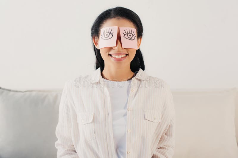 Latin Woman with Eyes Covered with Sticky Notes with Drawn Eyes Stock ...